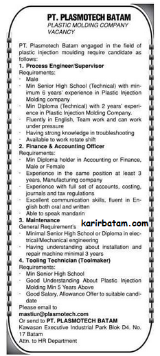 Lowongan kerja PT. Plasmotech Batam Juni 2016 - Lowongan Kerja Batam 2022