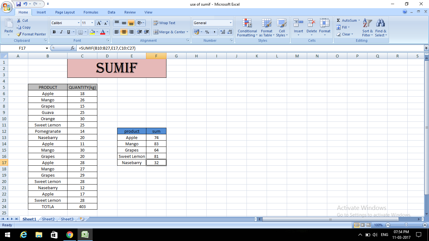 E- Excel: use of Sumif