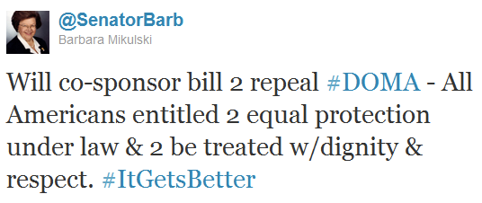 The Mad Professah Lectures: Sen. Mikulski Tweets DOMA Repeal Support