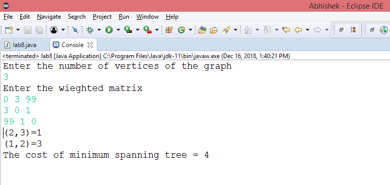 VTU CSE LABS: DAA 8 - KRUSKAL'S ALGORITHM