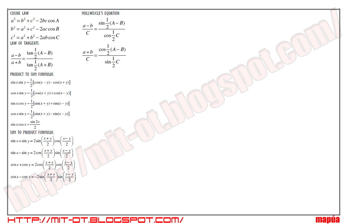 Mapúa Institute of Technology - Old Testaments: Handy Formulas