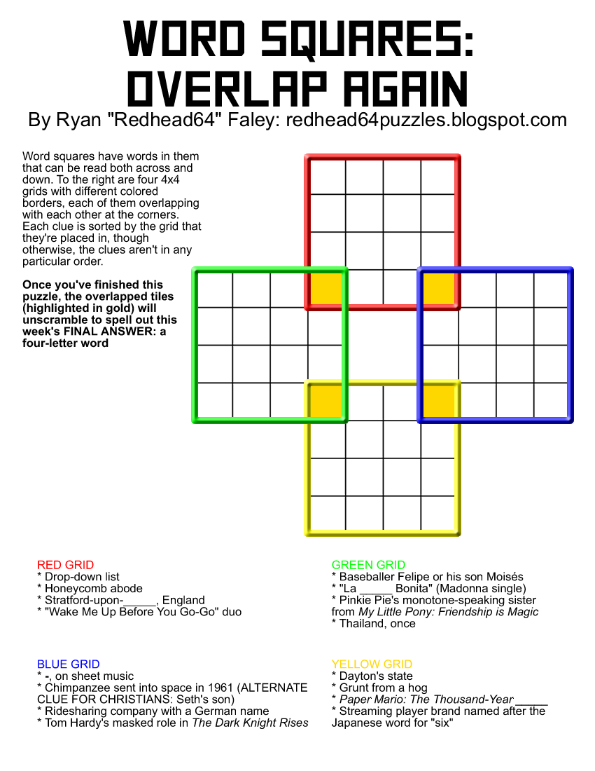 Redhead64's Obscure Puzzle Blog!: PUZZLE #178: Word Squares: Overlap Again