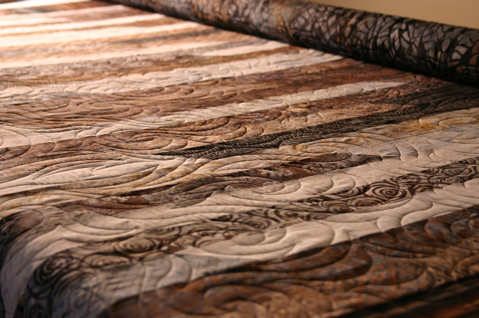 Three Bears Quilting: Kathleen's Brown Batik Strip Quilt is finished!