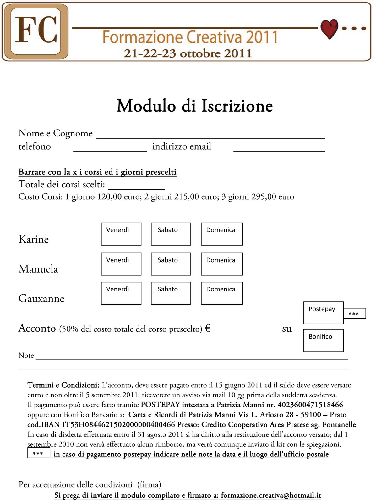 Formazione Creativa: MODULO DI ISCRIZIONE
