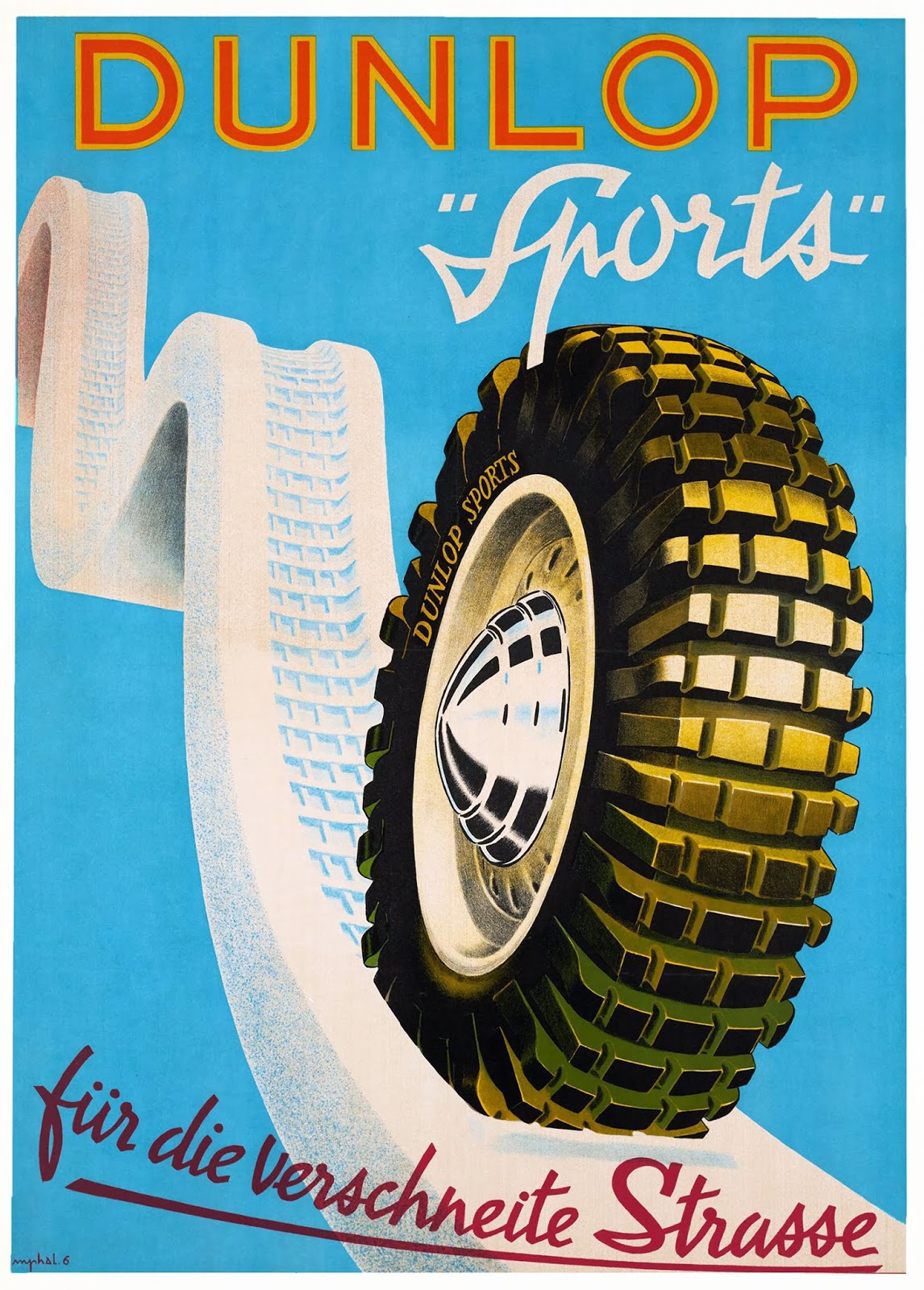 transpress nz: Dunlop "sports" tire poster, Germany, 1950