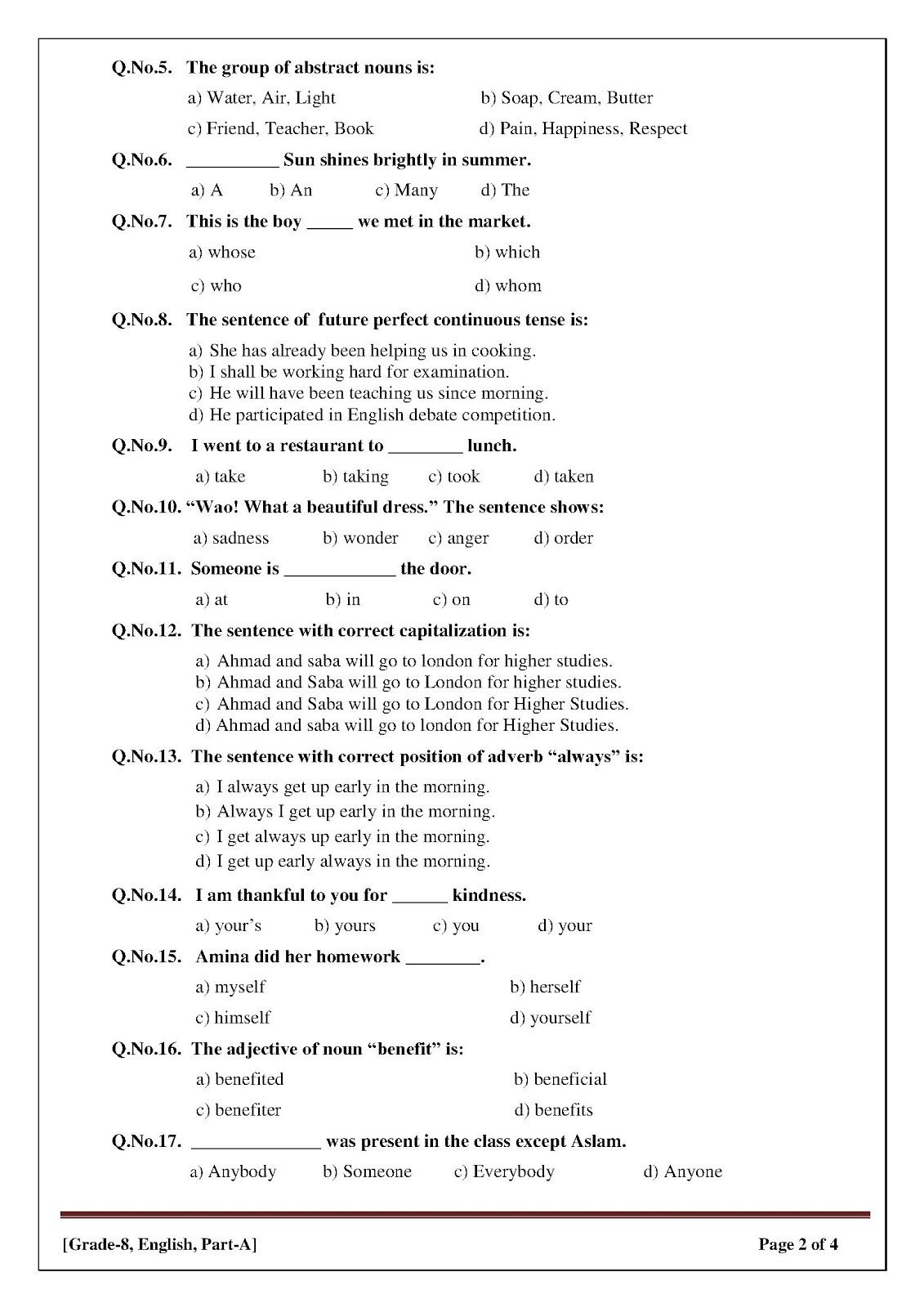 8th English Pattern Paper & Model Paper 2018 PEC Free Download