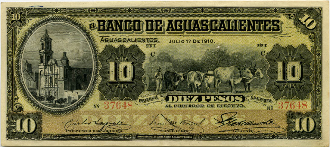 Mexico banknotes 10 Pesos note of 1910 El Banco de Aguascalientes|World ...