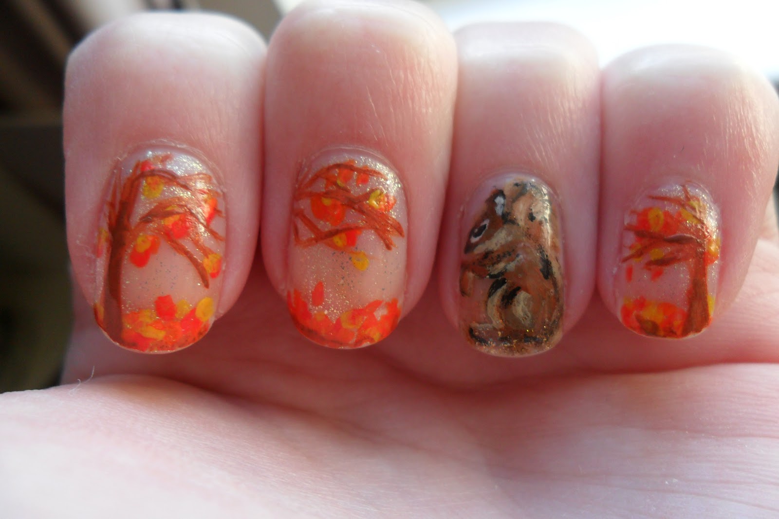 Sara Fisk; Nail Art: Squirrel & acorn nails part 2; with autumn trees