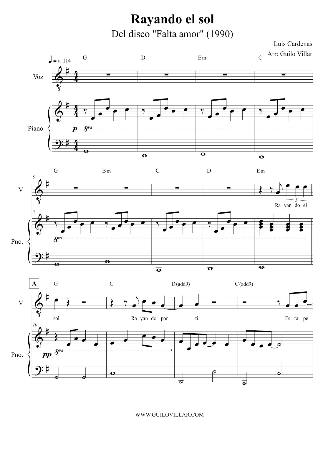 Maná - Rayando el sol (Partitura para piano y voz)