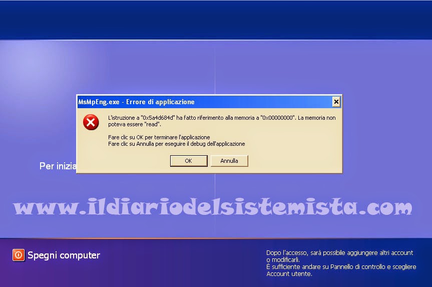 I Diario del Sistemista: Windows XP: Errore MsMpEng.exe in fase di avvio
