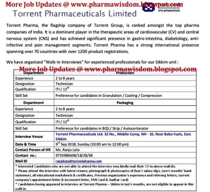 Torrent Pharmaceuticals Limited - Walk-In Interviews on 9th September ...