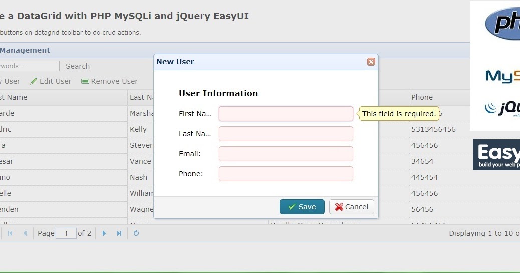 Create a DataGrid with PHP MySQLi and jQuery EasyUI | Tutorial101