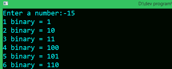 Program in C to print the binary equivalent 1 to nth number.
