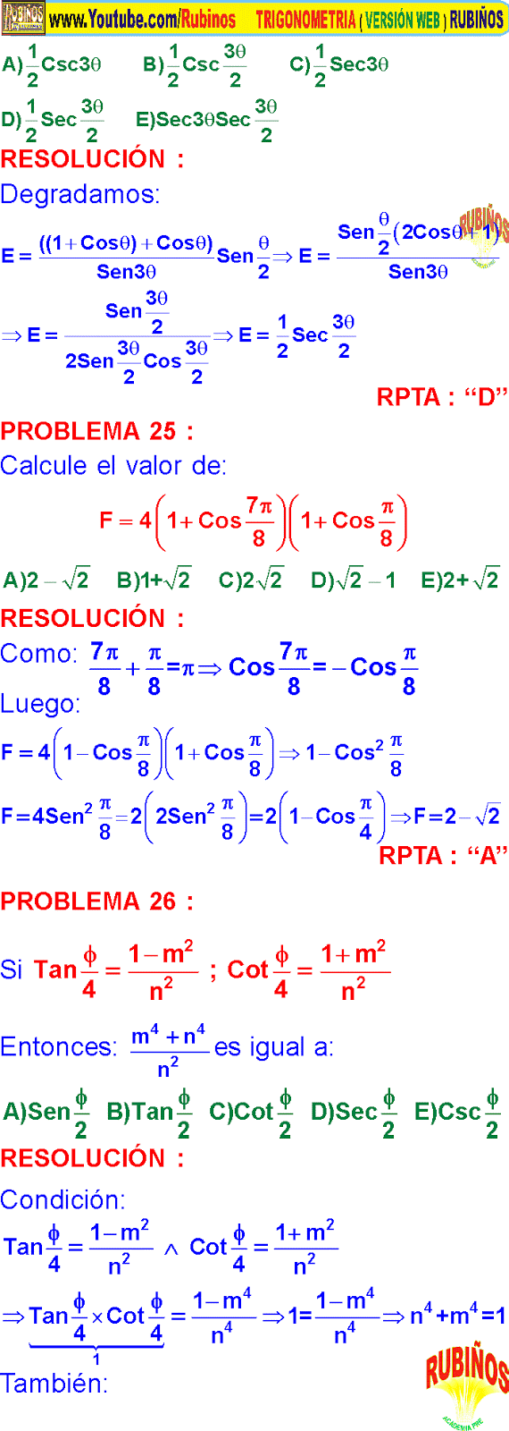 IDENTIDADES DEL ANGULO MITAD EJERCICIOS RESUELTOS DE TRIGONOMETRIA PDF