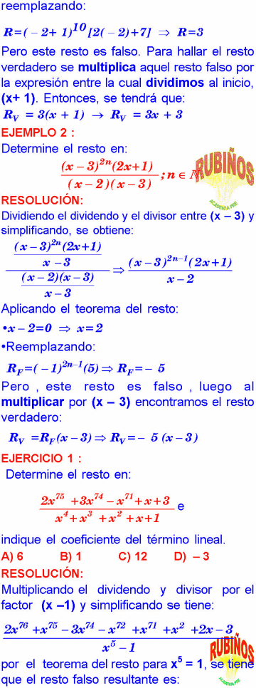 TEOREMA DEL RESIDUO EJEMPLOS Y PROBLEMAS RESUELTOS
