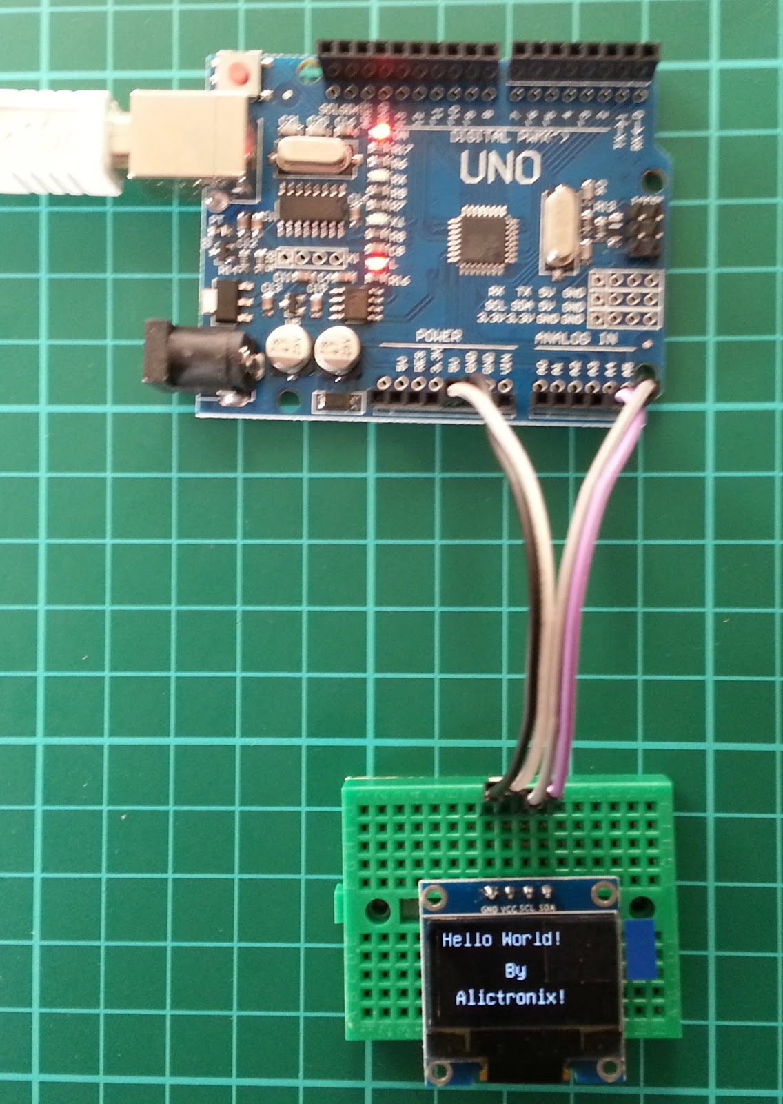 Alictronix: Hello World 0.96 inch 128X64 I2C OLED, on Arduino Uno, using u8glib library