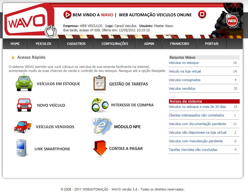 SISTEMA WAVO: Funcionalidade do sistema Web WAVO para Lojas de Veículos