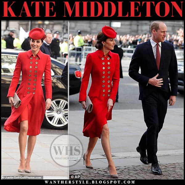 Kate Middleton in red military coat and suede pumps at Westminster ...