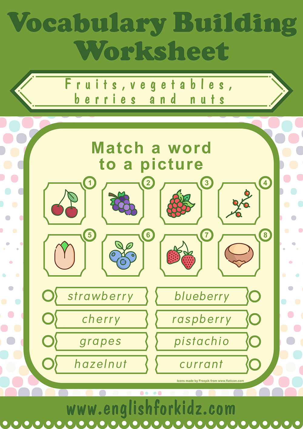 Fruits and Vegetables Worksheets: Word to Picture Matching