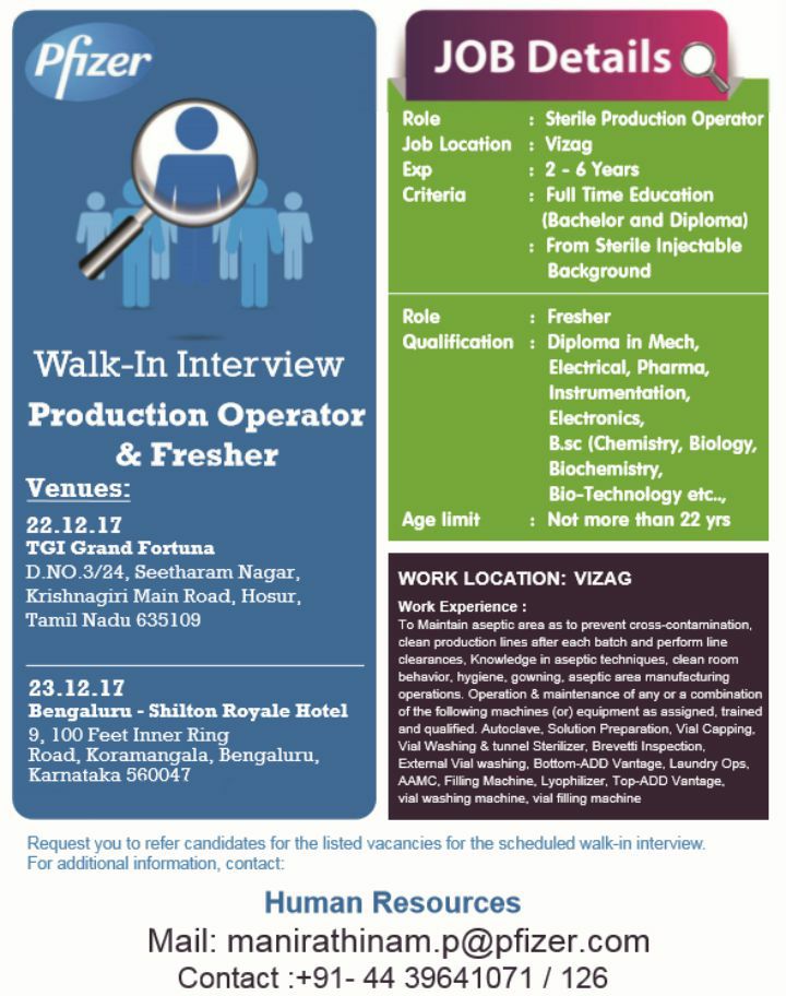 Pfizer walk-in 22nd December for Production Operator & Fresher at Hosur ...