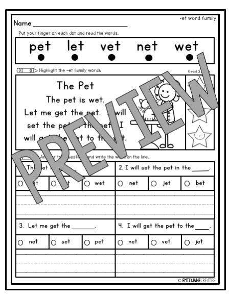 Emily Jane Creates: READING COMPREHENSION PASSAGES-CVC WORD FAMILY WORDS
