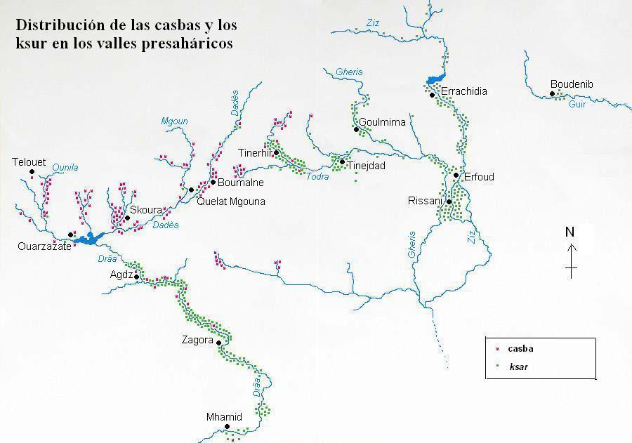 Mapa de kasbashs y ksar en Marruecos.