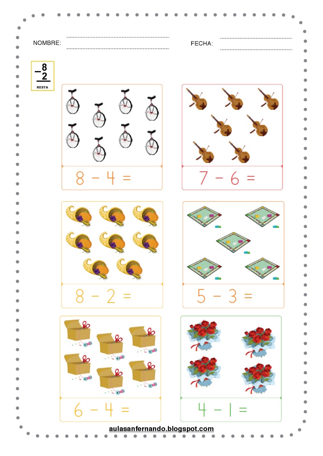 Prim-Erizos: Fichas de Trabajo - Iniciación a la Resta