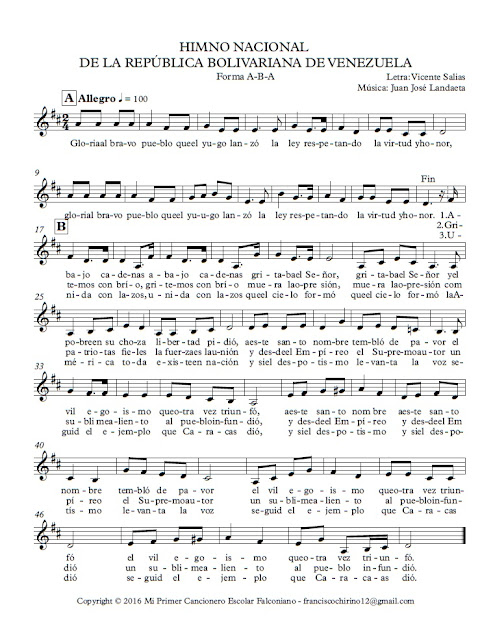 HIMNOS DE VENEZUELA / Letras / Partituras - Falconia: Raíz Todariquiba