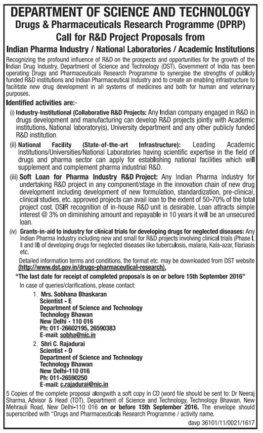 Call for R & D Project proposals by DST for DPRP