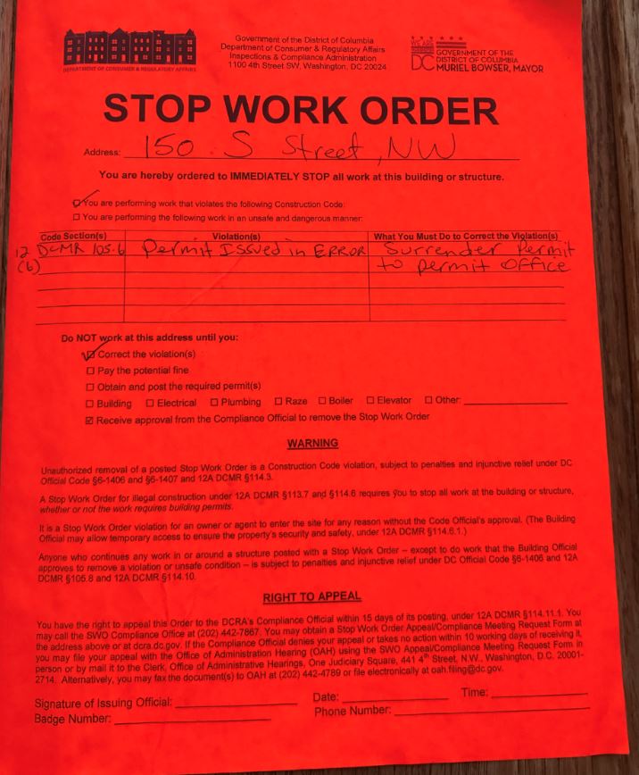 bloomingdale: 150 S Street NW DCRA Stop Work Order: "permit issued in ...