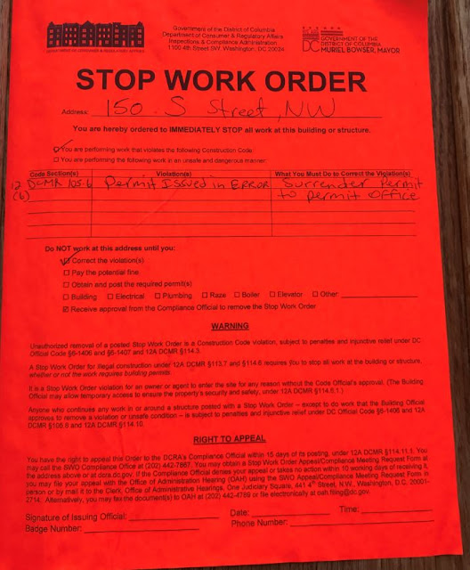 bloomingdale: 150 S Street NW DCRA Stop Work Order: "permit issued in ...