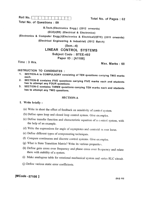 BTEE-402 Linear Control Systems PTU 4th Semester B.Tech EEE May 2015 ...