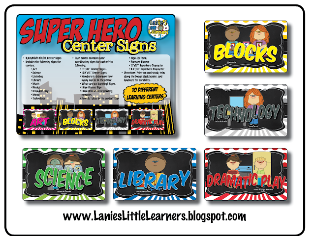 Lanie's Little Learners: Center Signs {Superhero Theme}