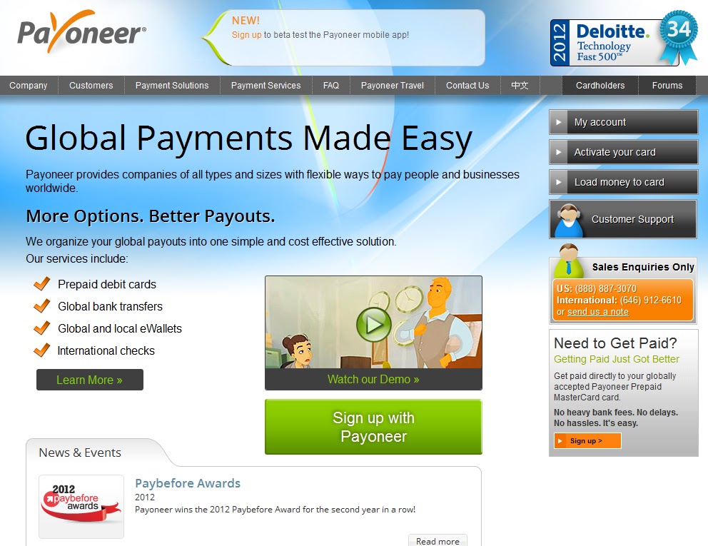 Noticia: nuevo diseño en la página oficial de Payoneer.com