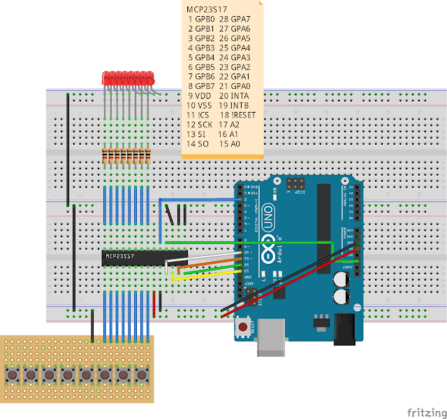 音源とオーディオの電子工作（予定）: I/OエキスパンダーのMCP23S17をArduinoで使ってみる。