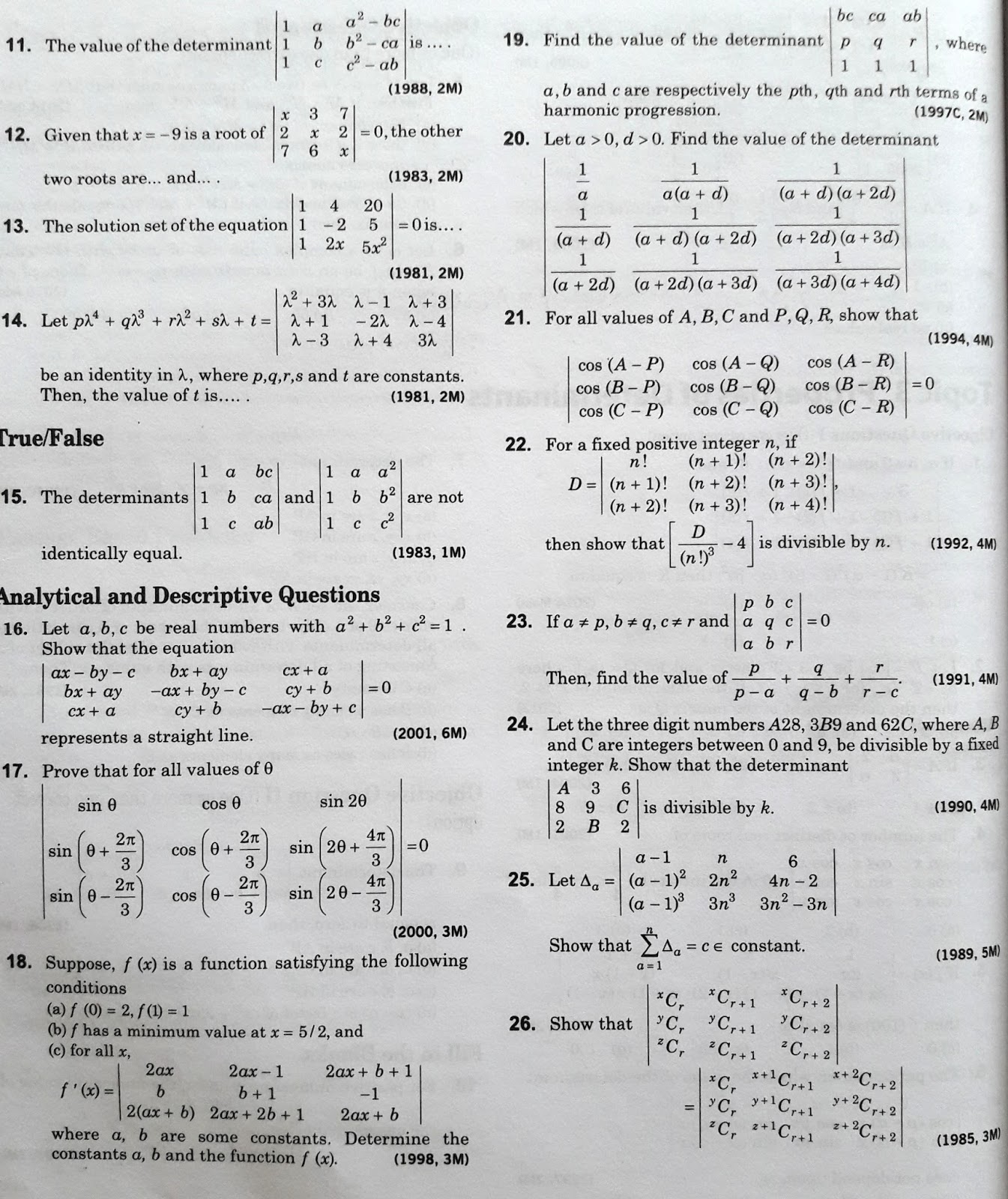 Matrices And Determinants Jee Advanced 38 Year Previous Year Questions Free Pdf Download All