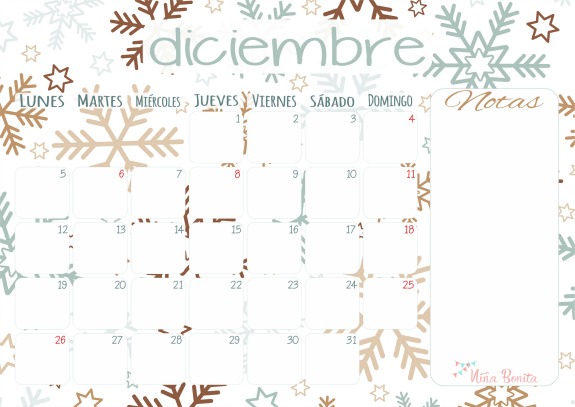Imprimible: Calendario Diciembre de 2016 - Niña Bonita