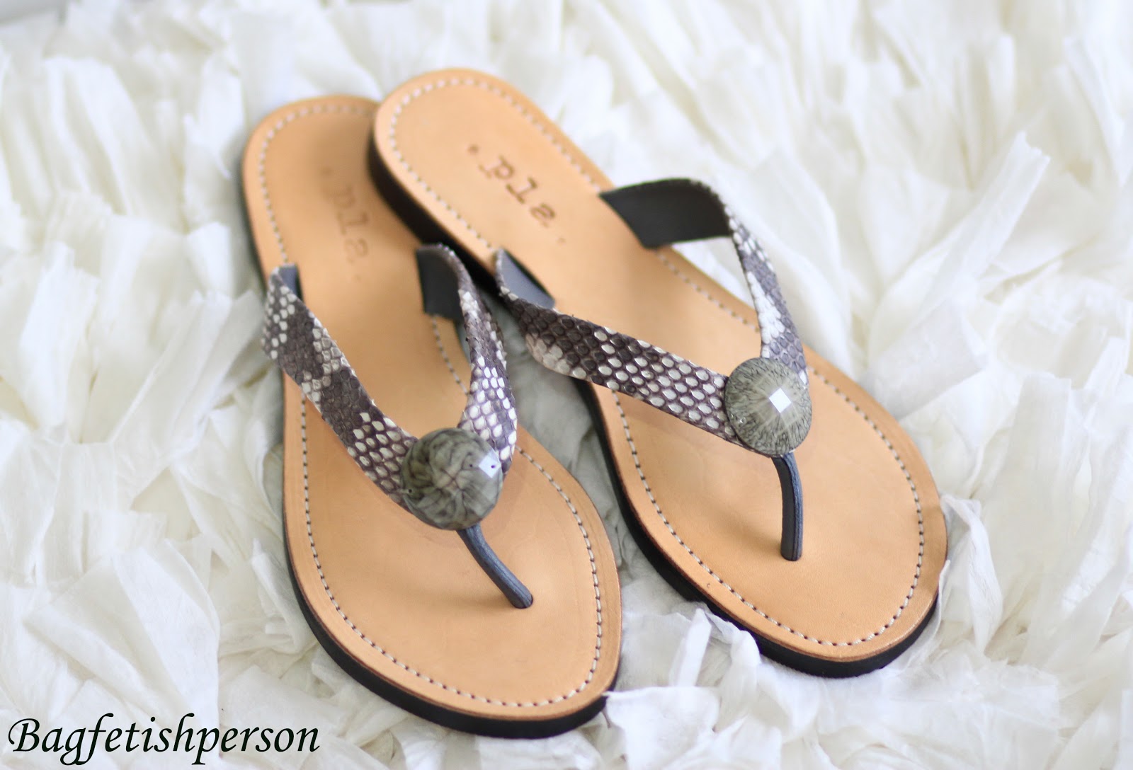 bagfetishperson: Recent haul: snakeskin vs. snakeprint thong sandals
