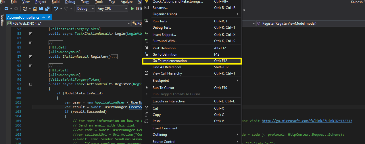 Go to Implementation feature in Visual Studio 2015 ~ Full Stack Software Developer - Development