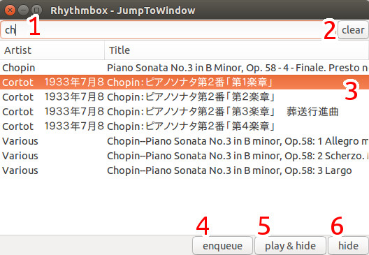 Rhythmbox その76 - キーボードで選曲をするJamp to Windowプラグイン - kledgeb