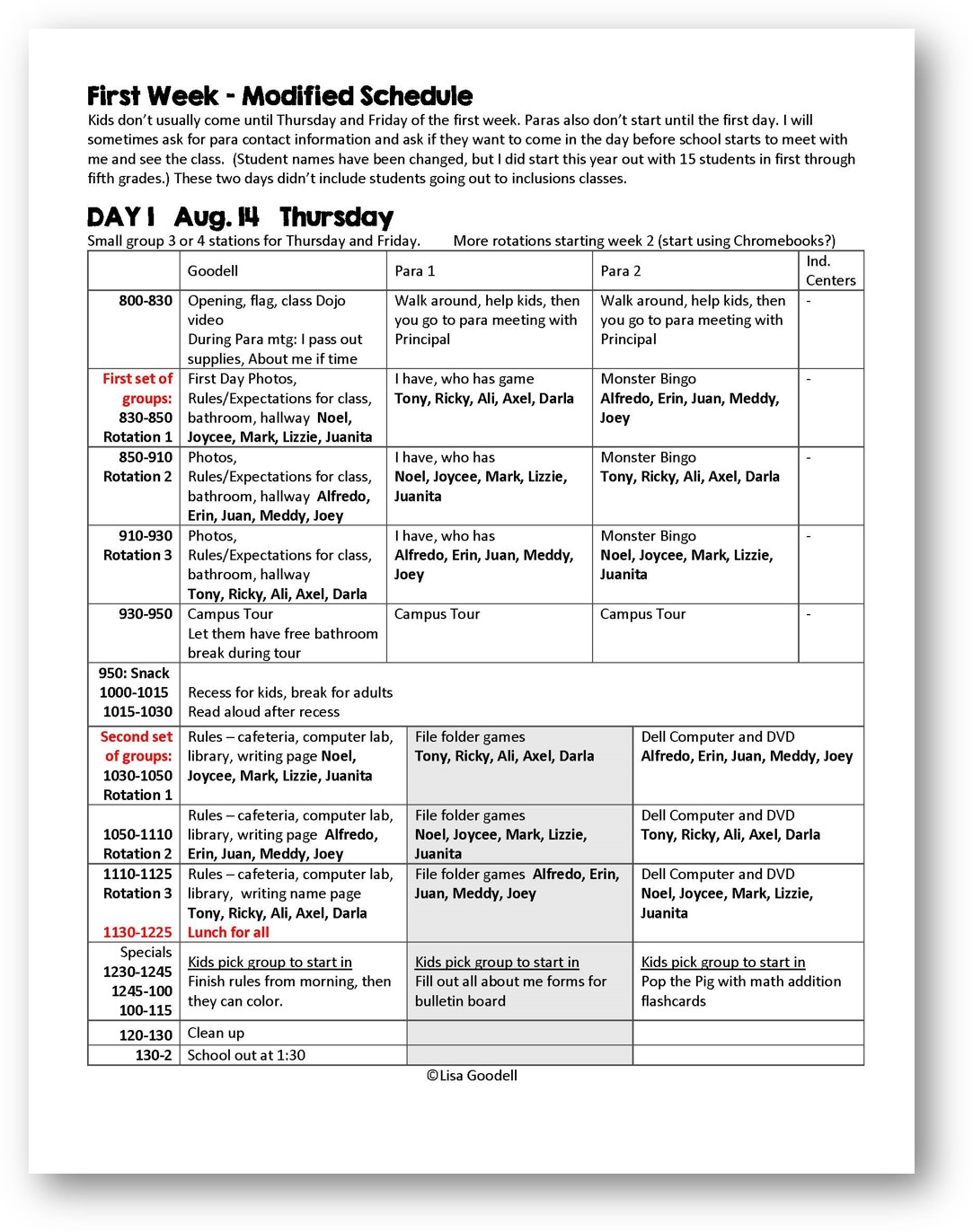Schedules for the FIRST WEEK of School - Lisa Goodell
