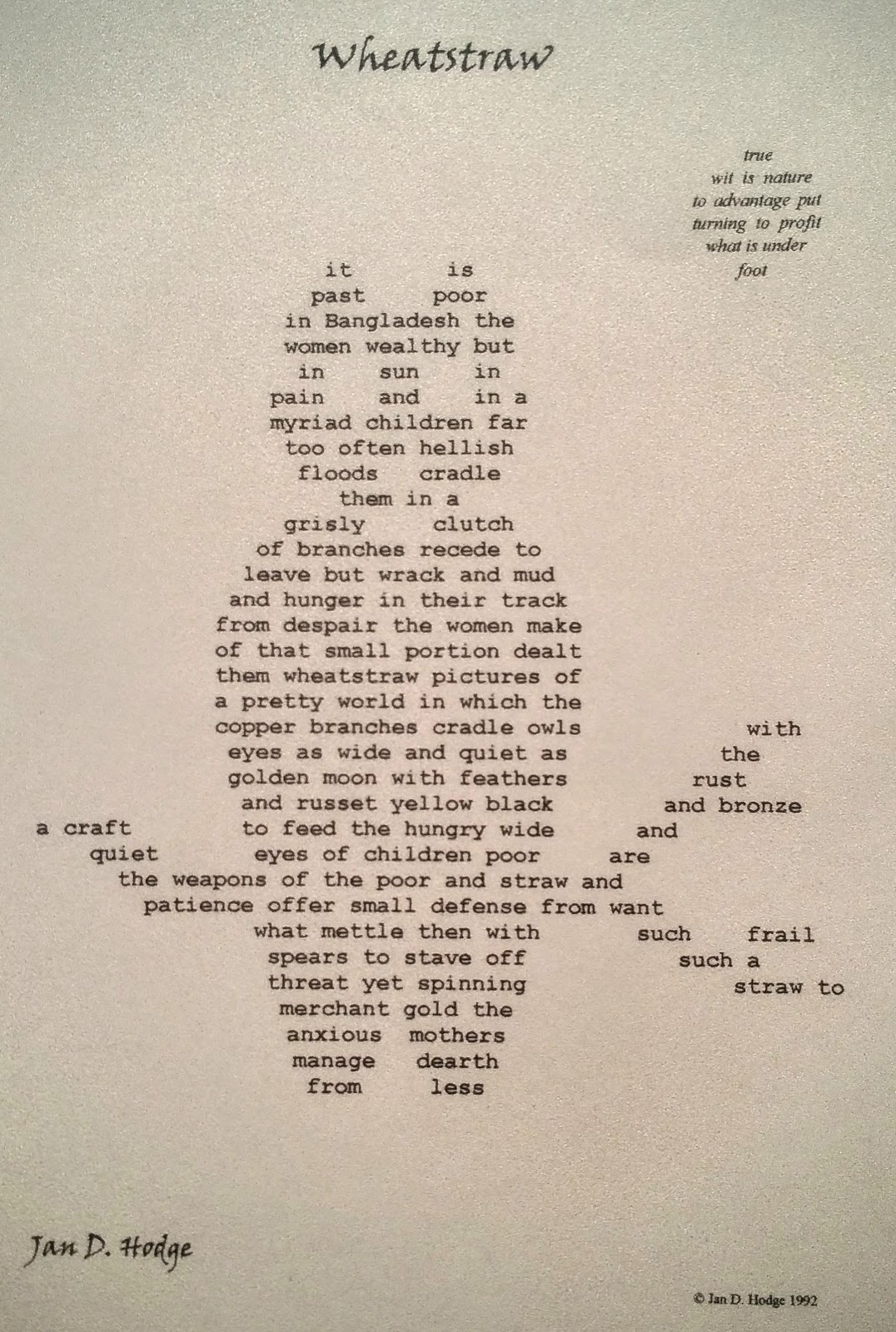 History and Culture by Bicycle: Jan D. Hodge: Shaped Poems, Wheatstraw