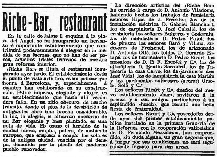 BARCELOFÍLIA : BAR RICHE. Restaurant. Plaça de l'Àngel / Jaume I (1911 ...