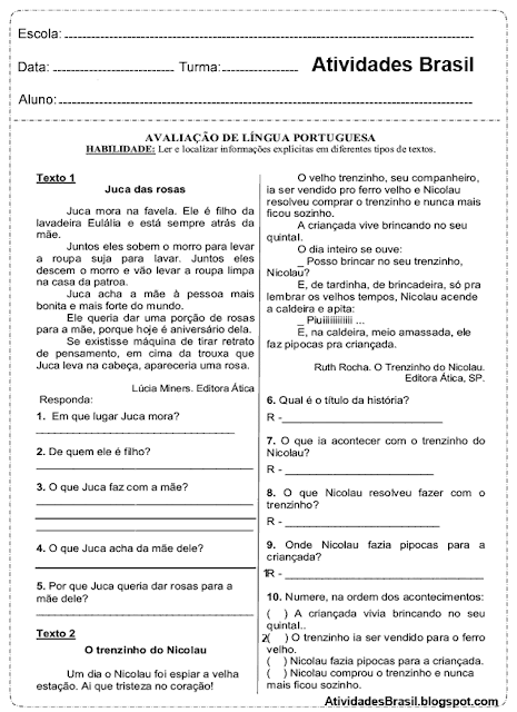 Atividades Brasil: Atividades de interpretação de texto 5° ano