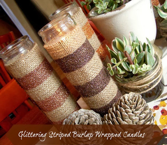 504 Main by Holly Lefevre: Glittering Striped Burlap Wrapped Candles