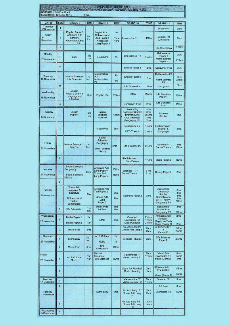 Camps Bay High School: CBHS Grade 8 Exam Timetable - Fourth Term 2014