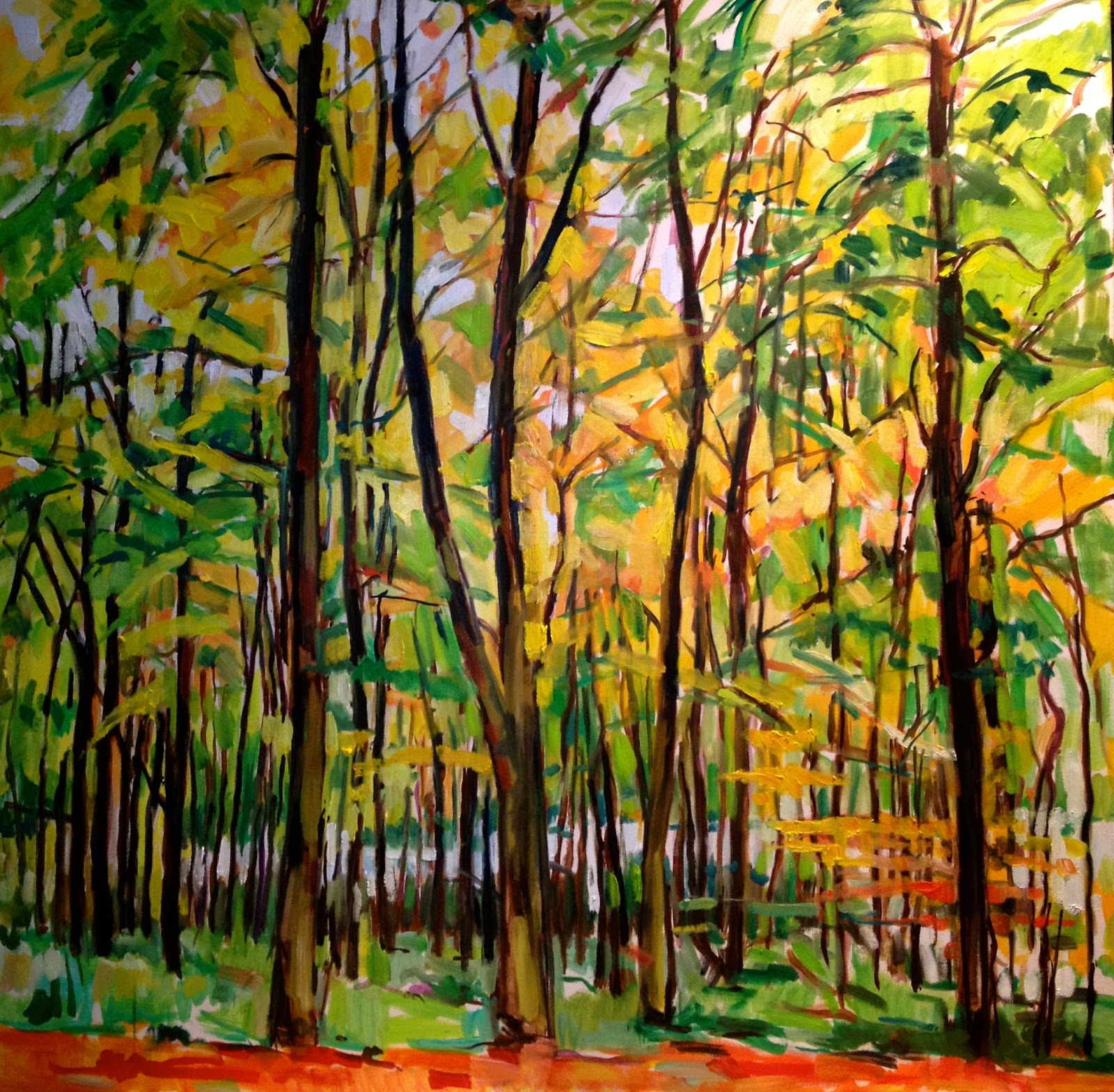 PHYLLIS WOLFF- Paintings: BEECH TREES and RED PATH 90 x 90 cm.....