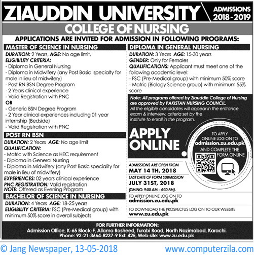 Ziauddin University (ZU) Admissions 2018-2019 College of Nursing ...