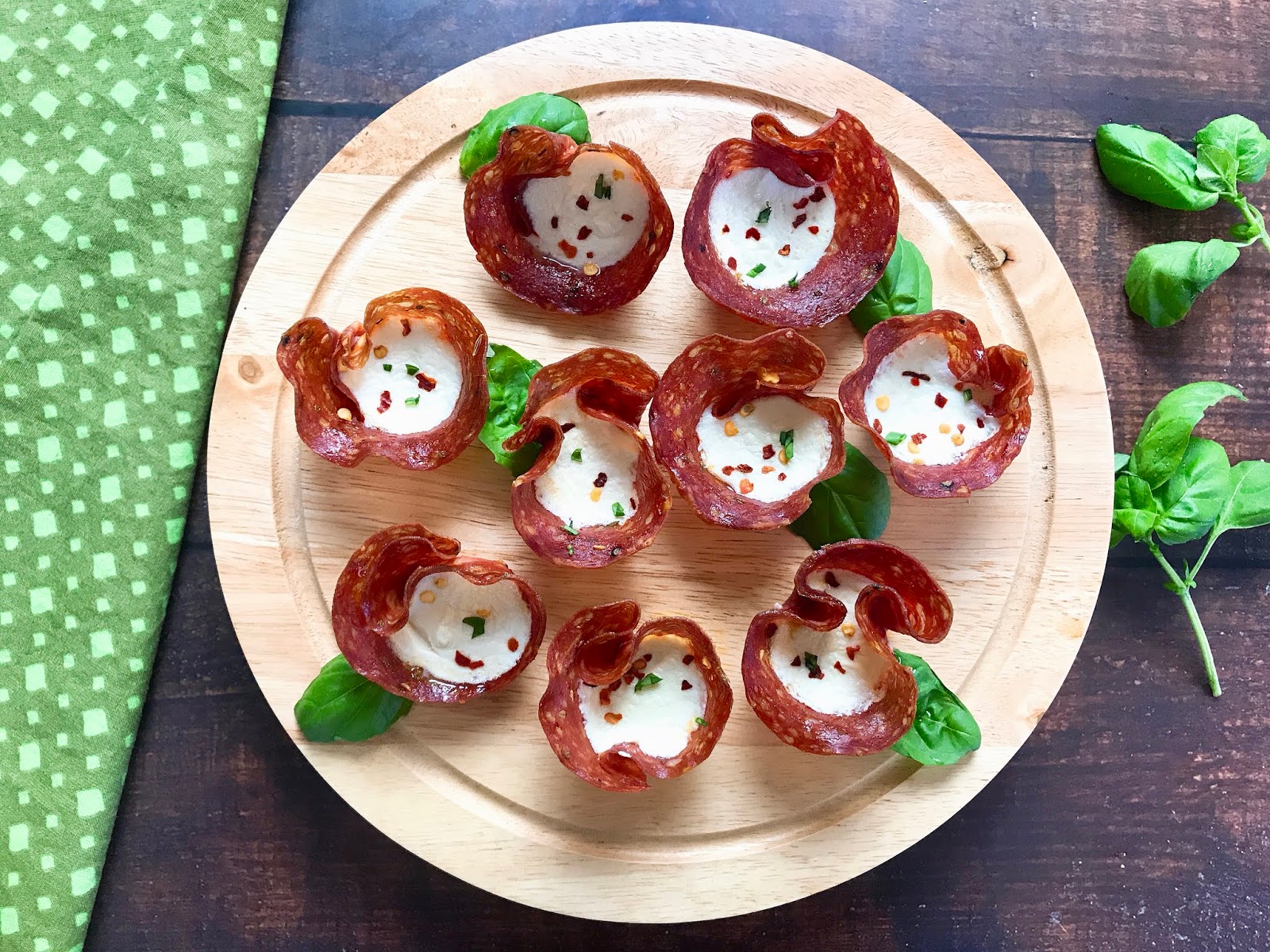 Salami Cups with Bocconcini and Basil