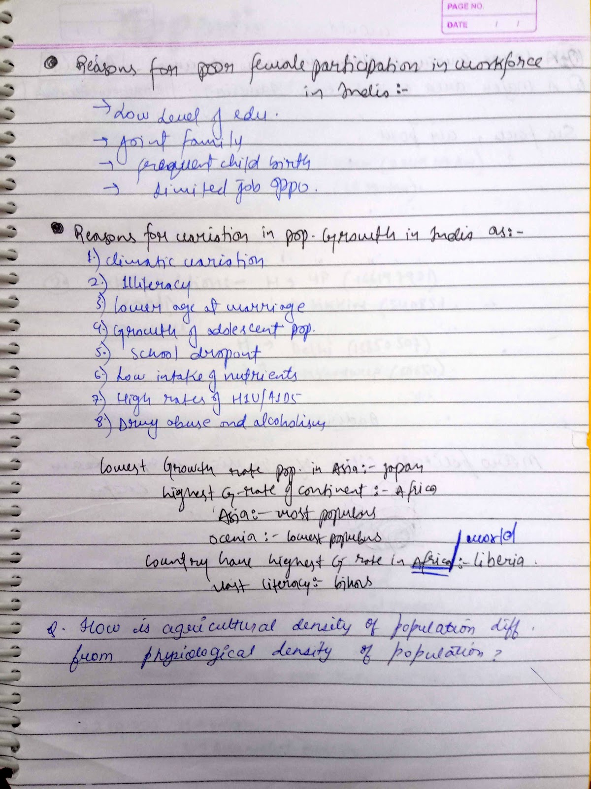 handwritten notes of Population- chapter 1 [geography] class 12th ...